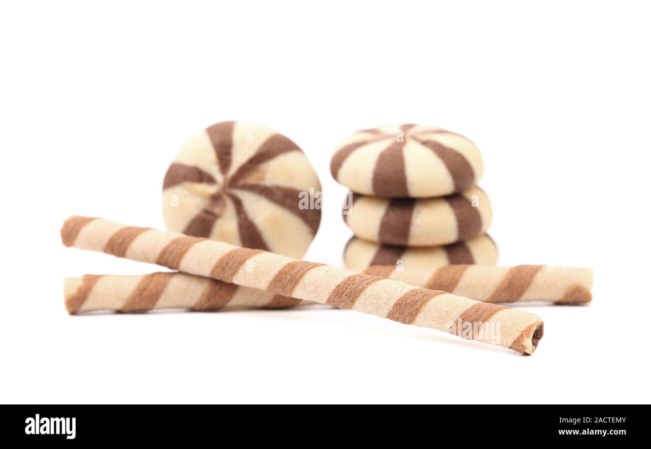 Striped chocolate wafer rolls and stake biscuits Stock Photo - Alamy