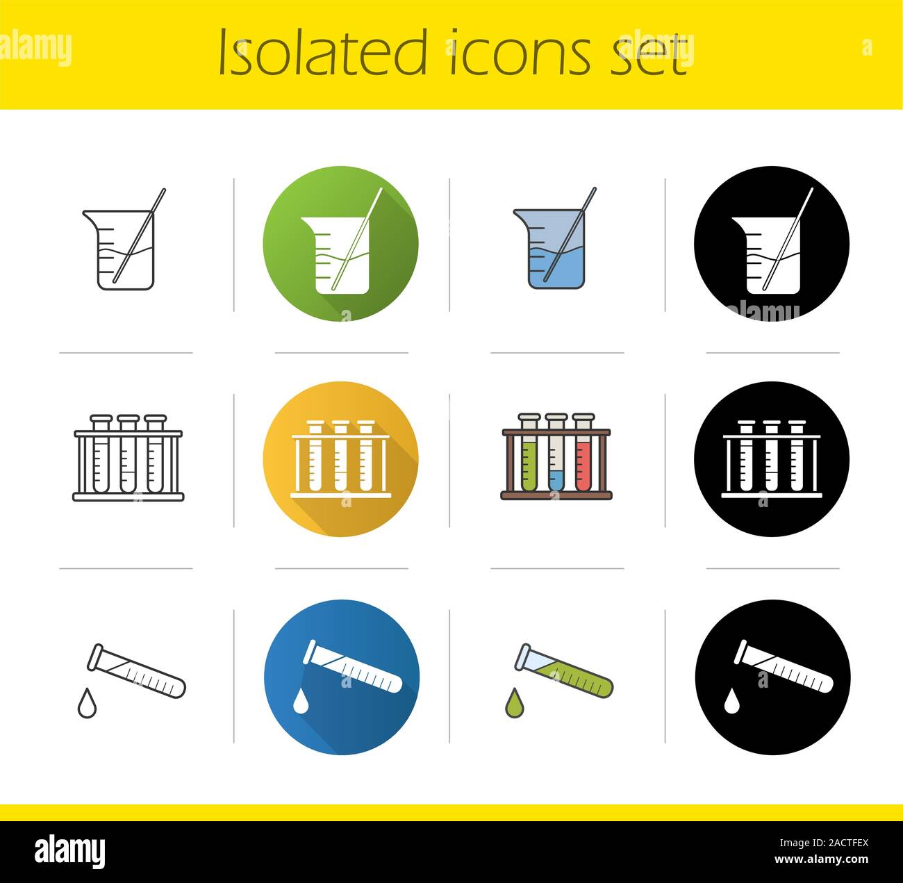 Chemical lab items icons set. Flat design, linear, black and color ...