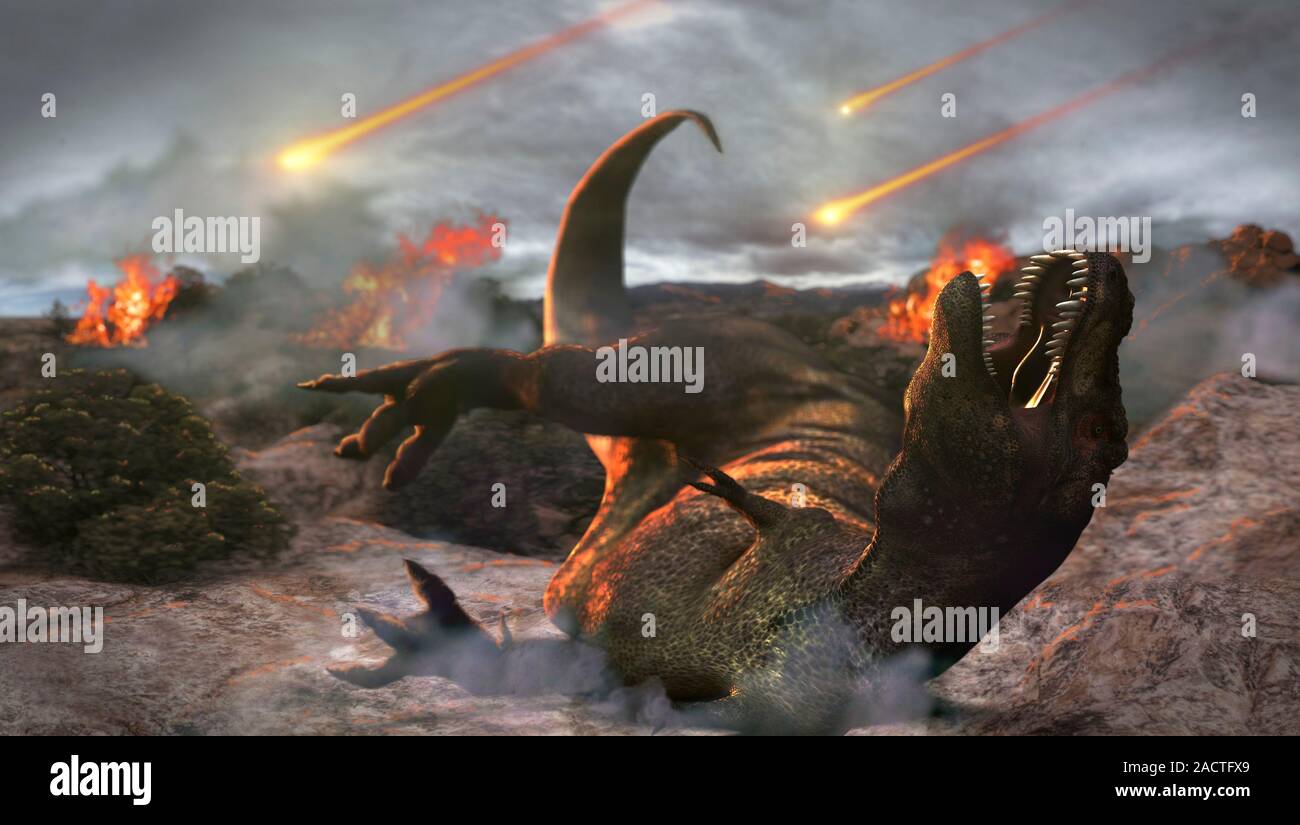 Extinction of the dinosaurs, artwork. Asteroids impacting around a T ...