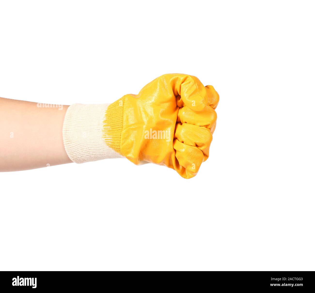 Strong male worker hand glove clenching fist Stock Photo - Alamy