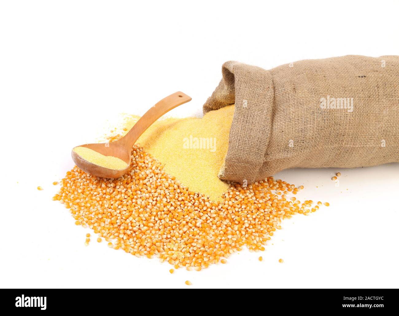 Sack with corn grains and flour Stock Photo - Alamy