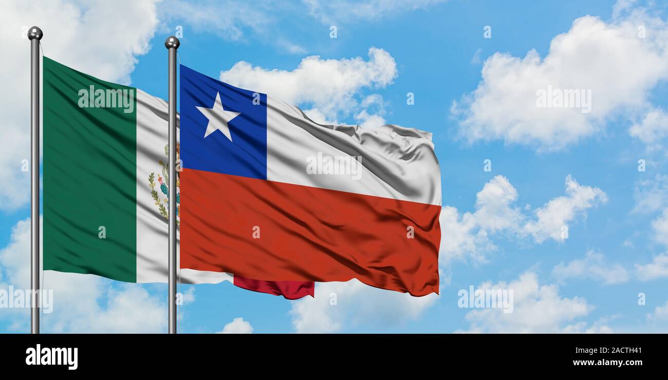 Mexico and Chile flag waving in the wind against white cloudy blue sky ...