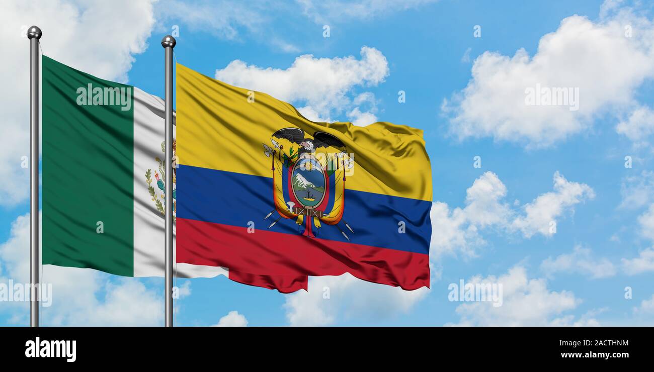 Mexico and Ecuador flag waving in the wind against white cloudy blue ...