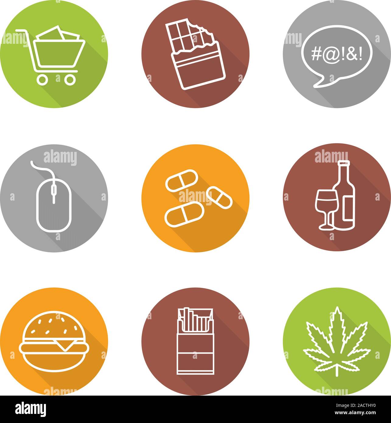 Addictions flat linear long shadow icons set. Smoking, drugs, fastfood ...