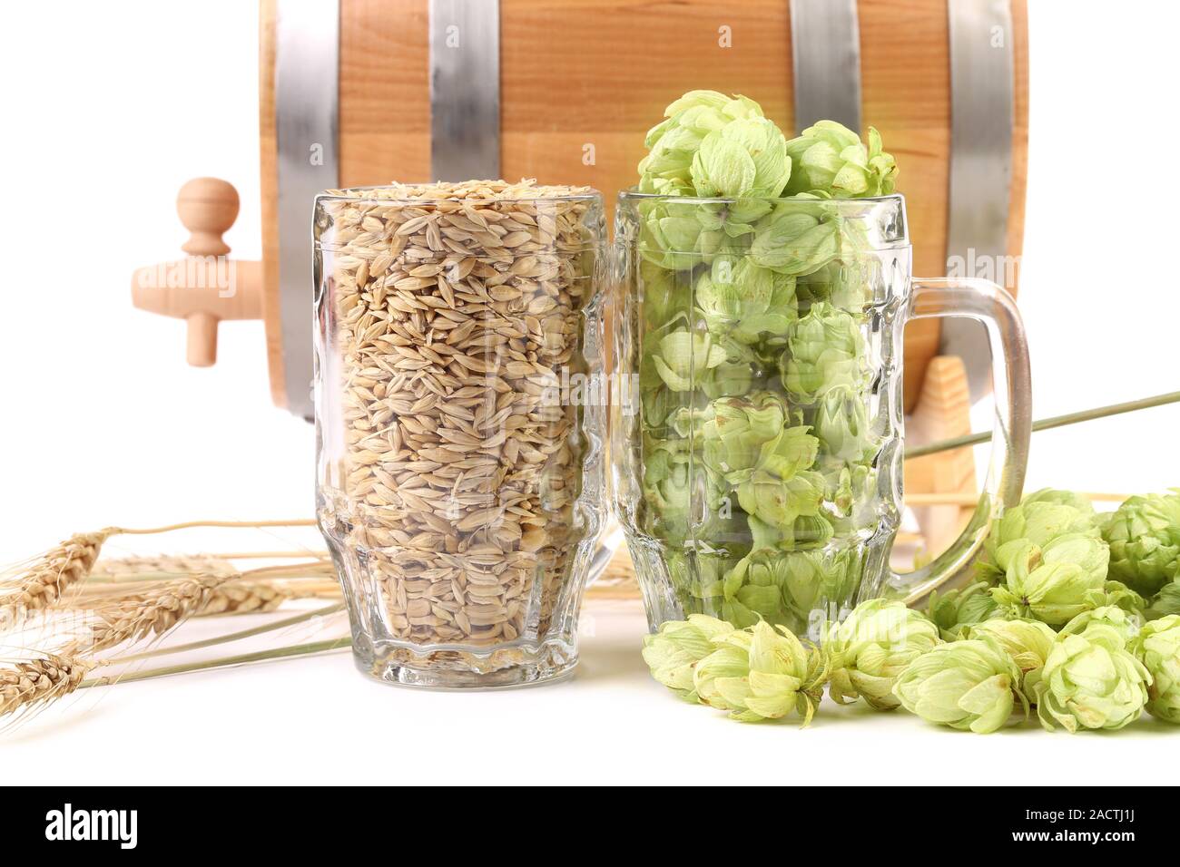 Two mugs with barley and hop Stock Photo - Alamy