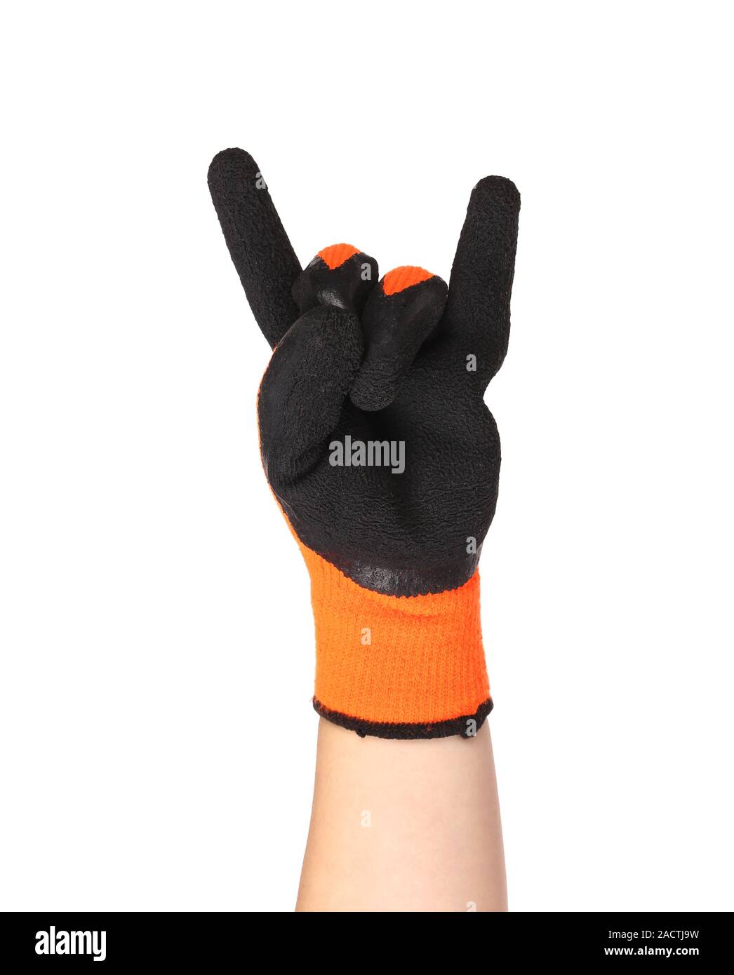 Gloved hand giving the Rock and Roll sign Stock Photo - Alamy