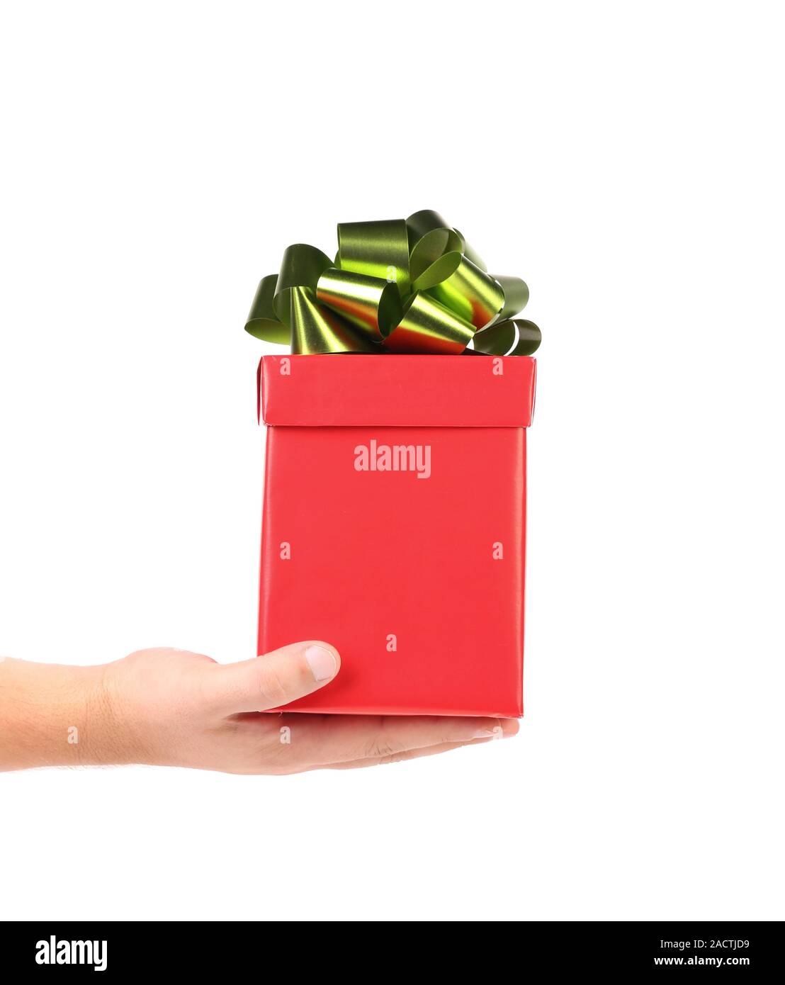 Red gift box with green-golden bow Stock Photo - Alamy