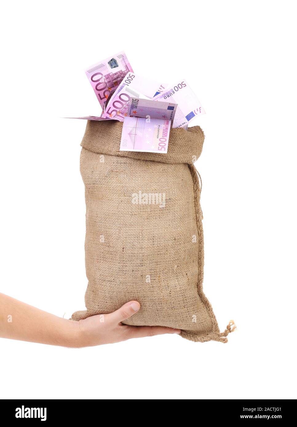 Hand holds sack with euro bills Stock Photo - Alamy
