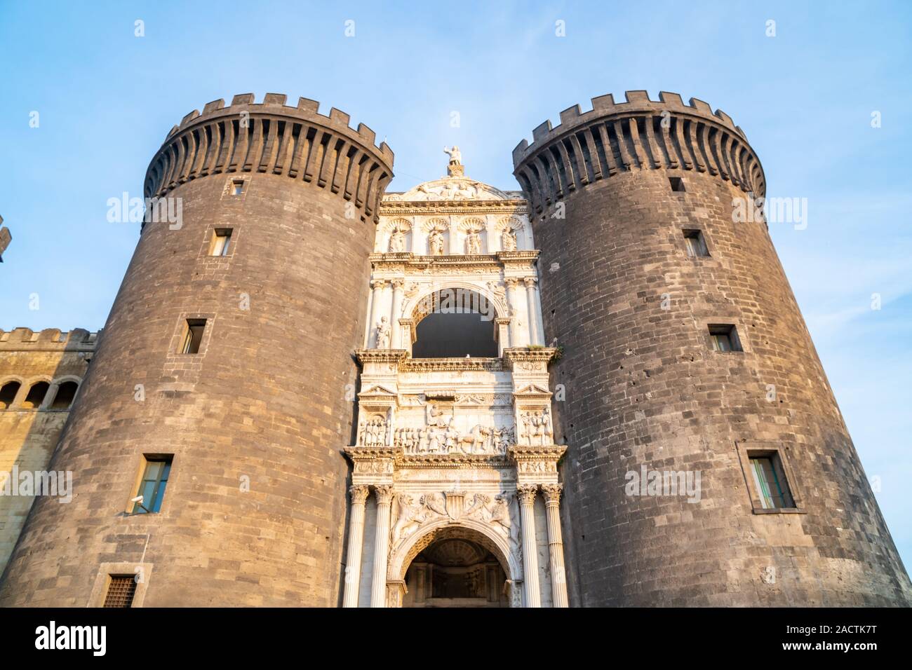 The medieval castle of Maschio Angioino or Castel Nuovo (New Castle), Naples, Italy. History ...