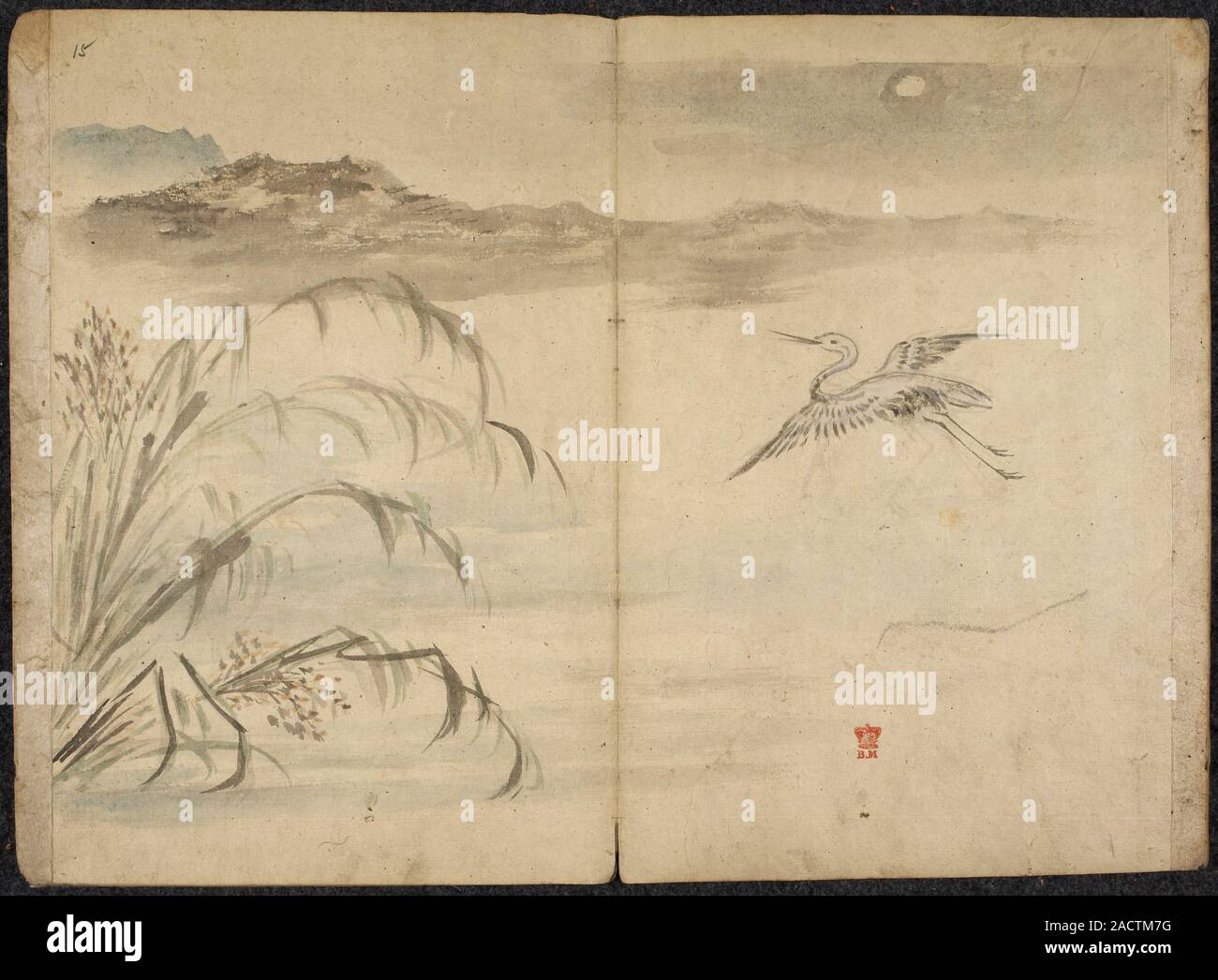 Flying crane in moonlight with water grasses, Flying crane in moonlight ...