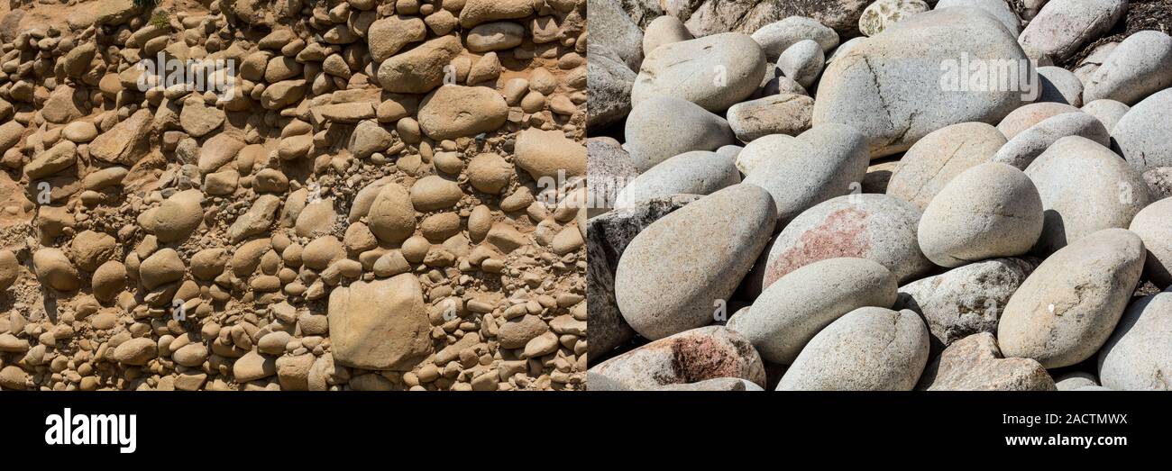 Old and modern storm beach pebbles. At left are examples of ...
