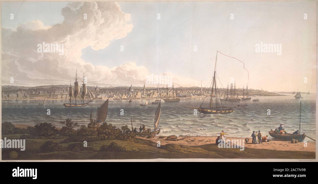 Illustration of Liverpool harbour port and estuary. Ships at anchor ...