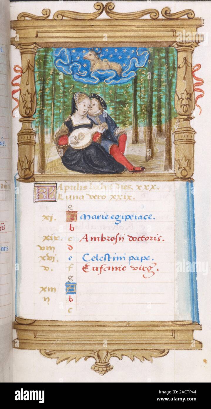 Image of lovers playing the lute together, Hours of the Virgin, the ...