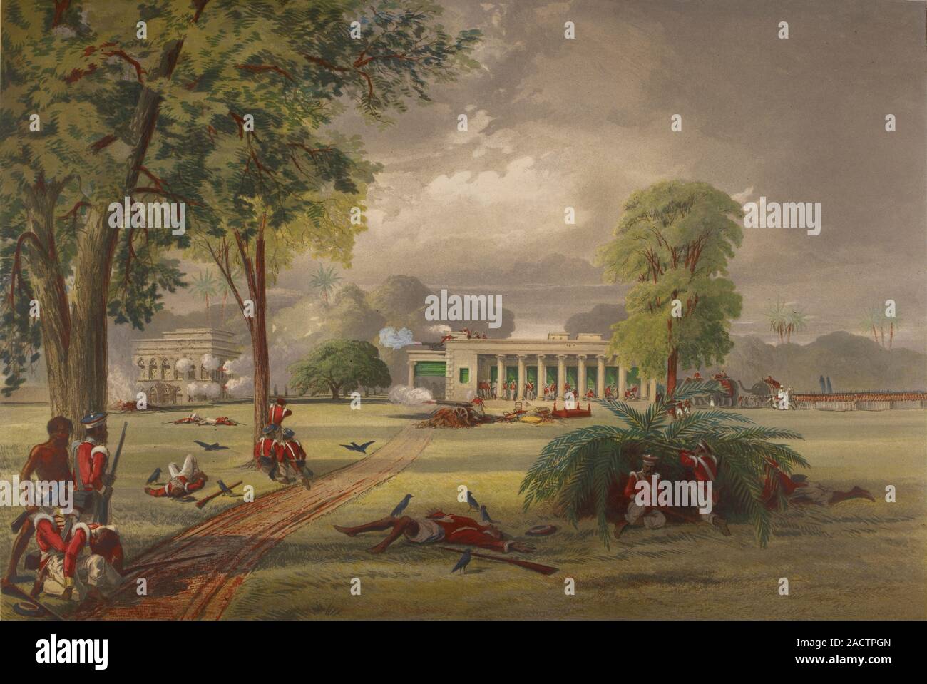 Defence of the Arrah House', Coloured lithograph after a drawing by ...