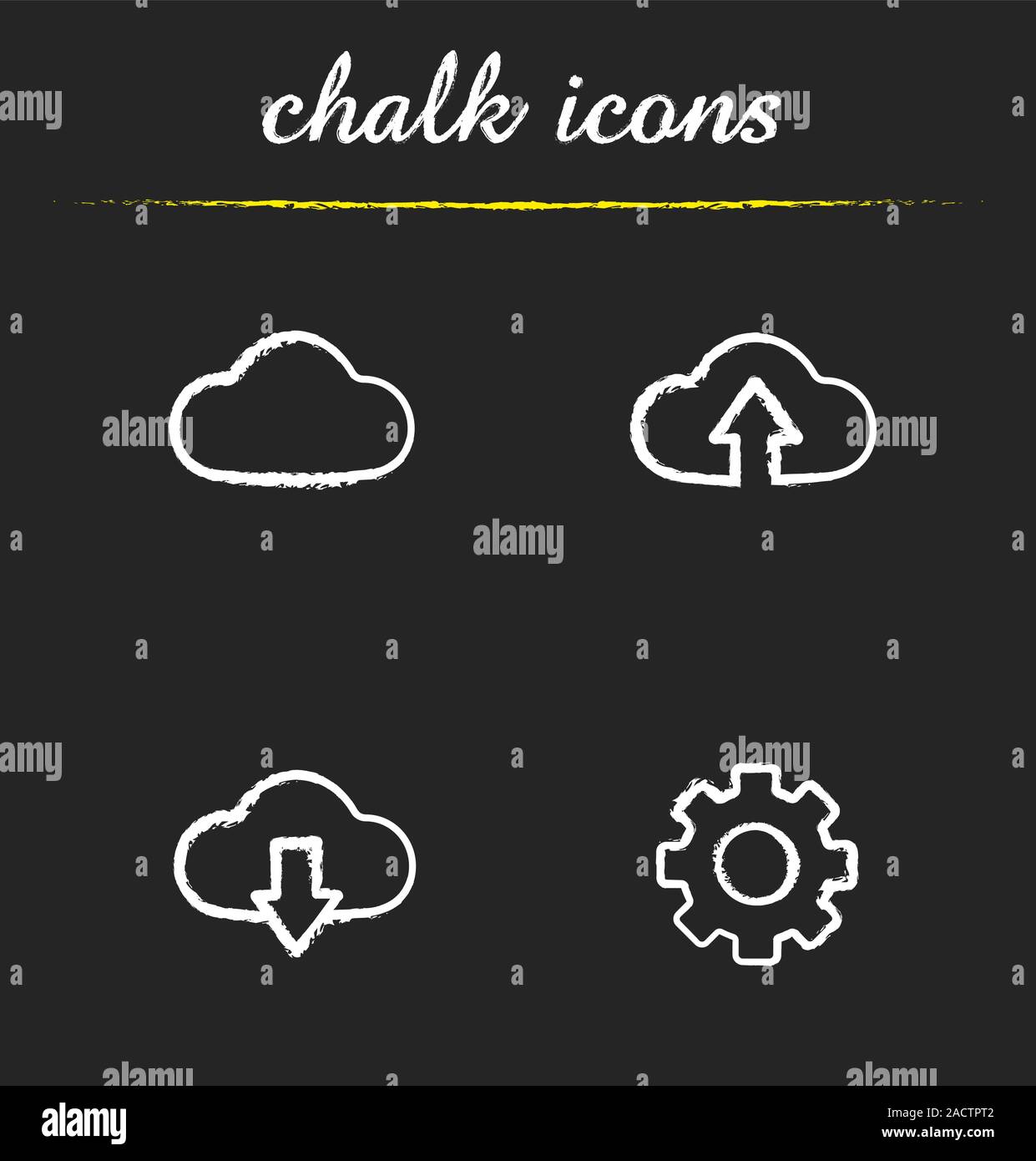 Cloud computing chalk icons set. Cloud, upload and download arrows, and settings symbols ...