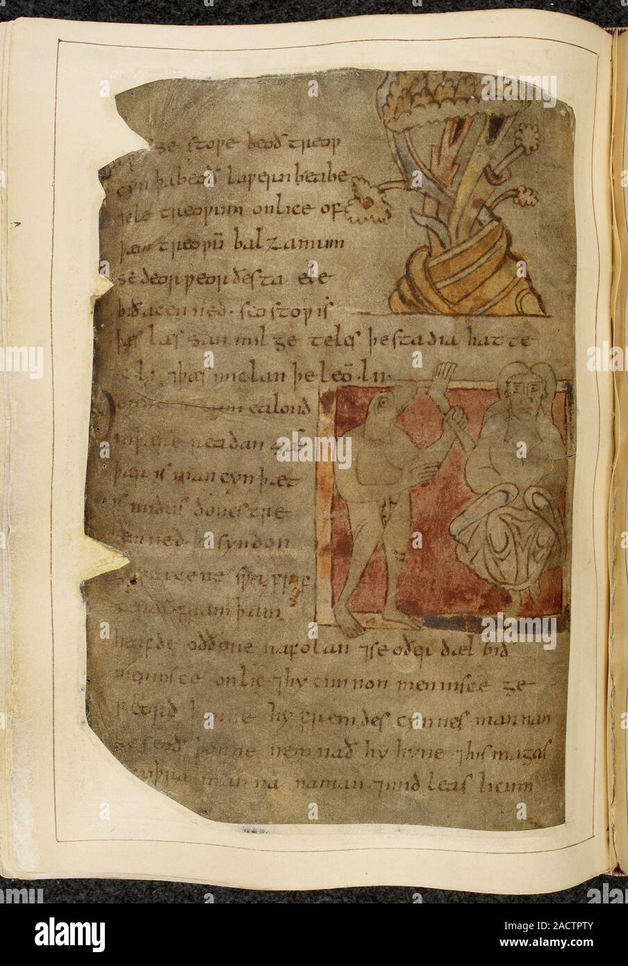 Illustrated page of the epic poem Beowulf. Charred edges of the Cotton ...