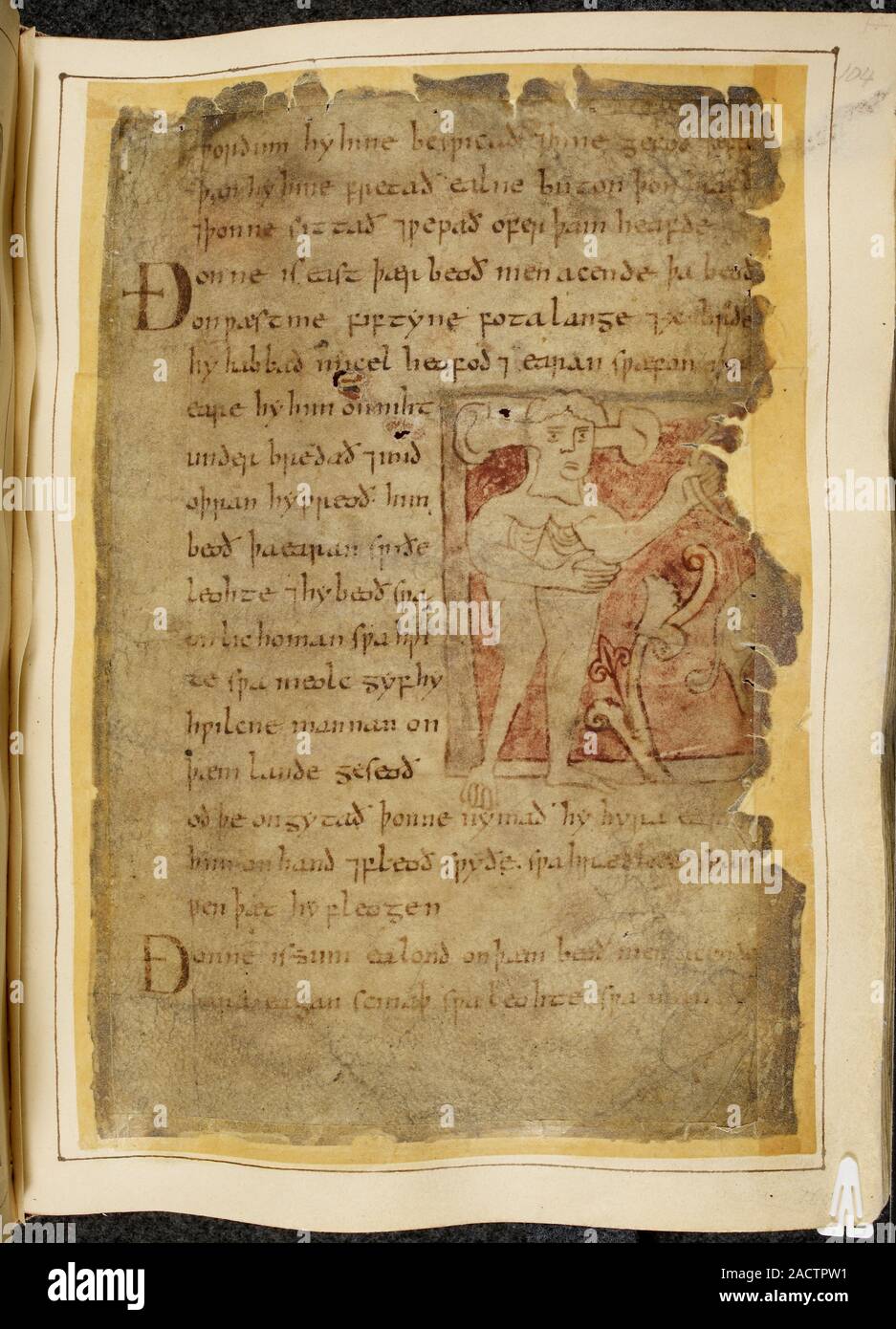 Illustrated page of the epic poem Beowulf. Charred edges of the Cotton ...