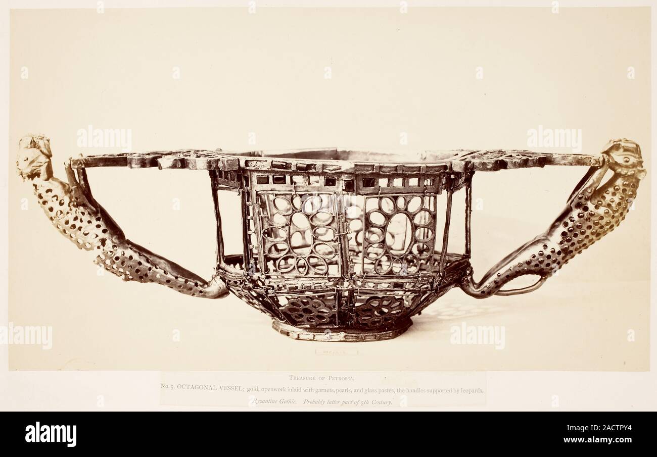 Photograph of metalwork object with handles. Photograph of urn. An ...
