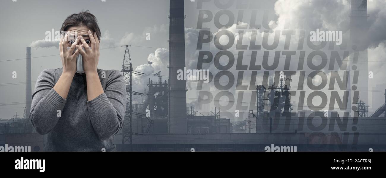 Scared. Caucasian woman wearing the respiratory protection mask against ...