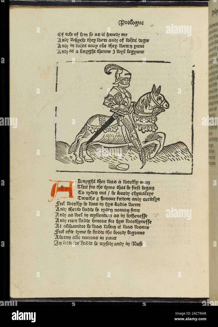 Prologue page of the Canterbury Tales, with an illustration of a knight ...