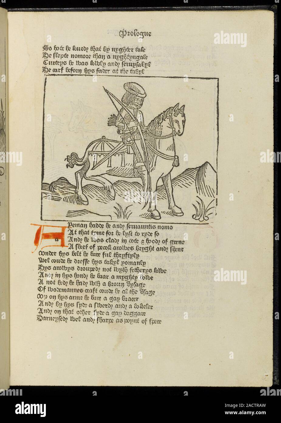 Prologue page of the Canterbury Tales, with an illustration of a knight ...