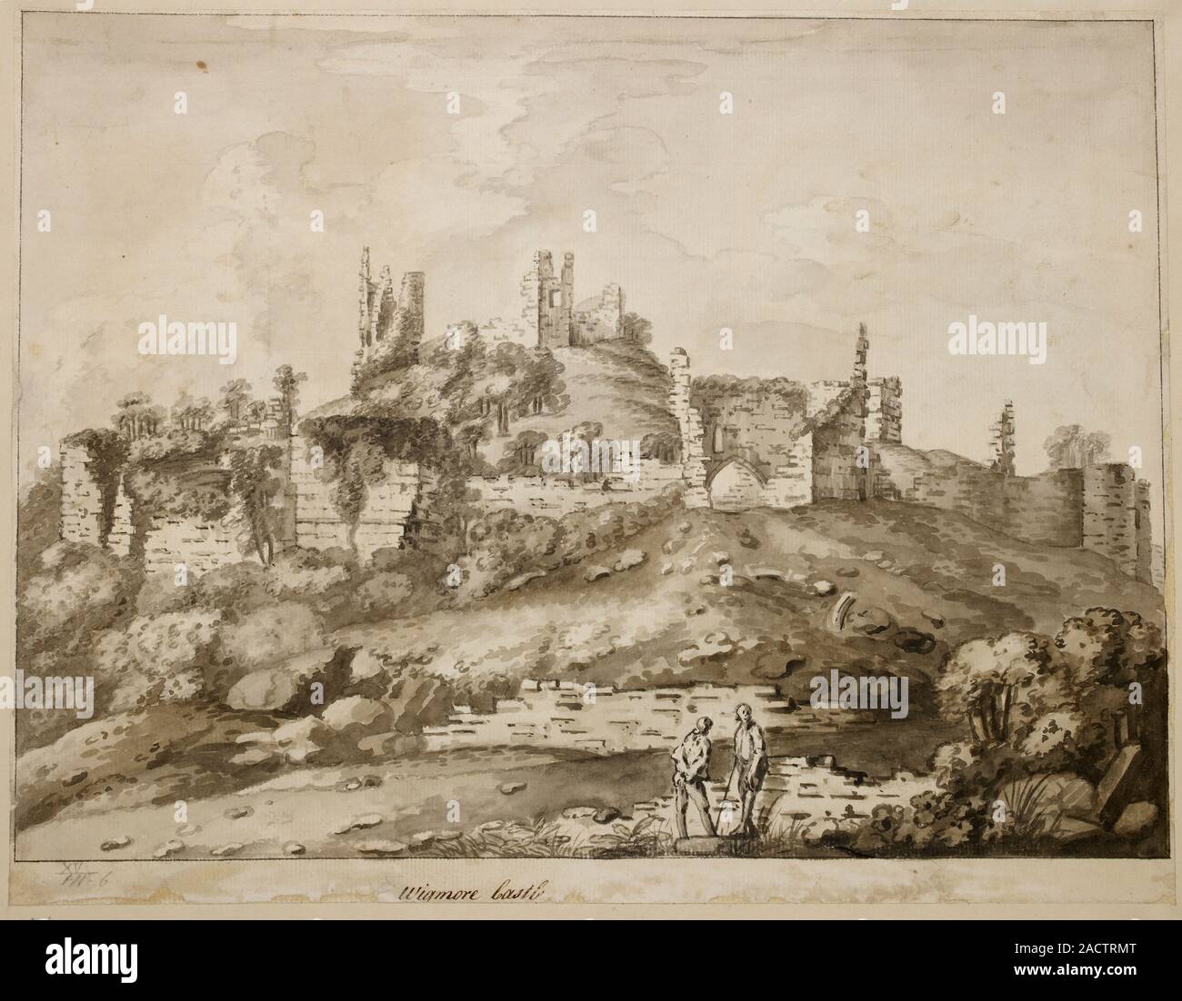 Indian drawing of the ruins of Wigmore Castle, A view, in Indian ink ...