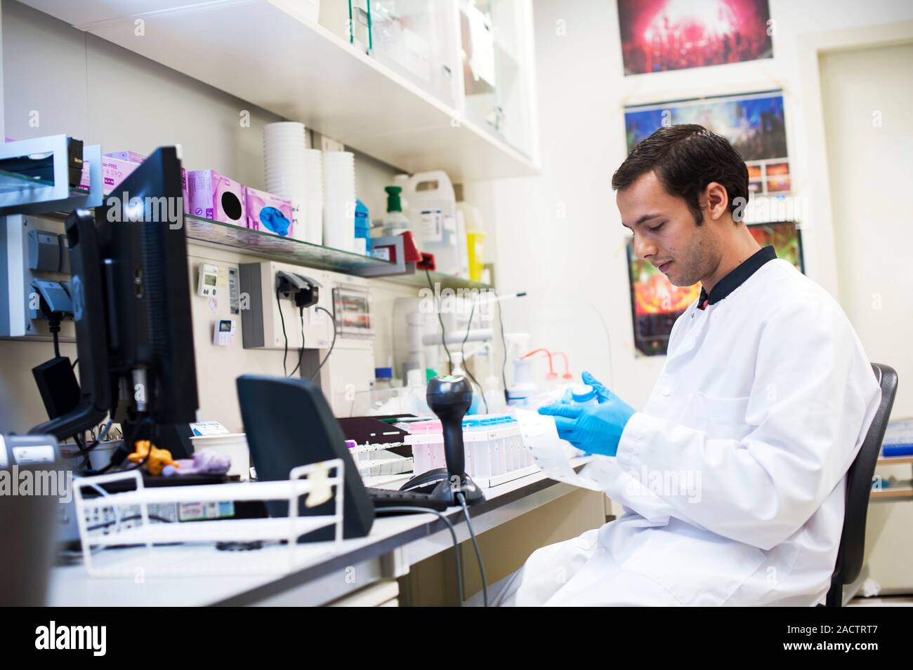 Genetic analysis. Analyst in a genetics laboratory, labelling and ...