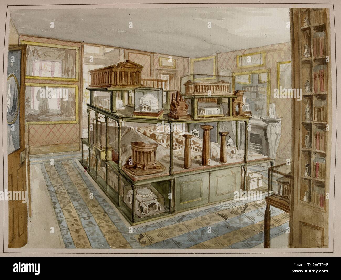 Watercolour of interior of architect Sir John Soane's Museum. Large ...
