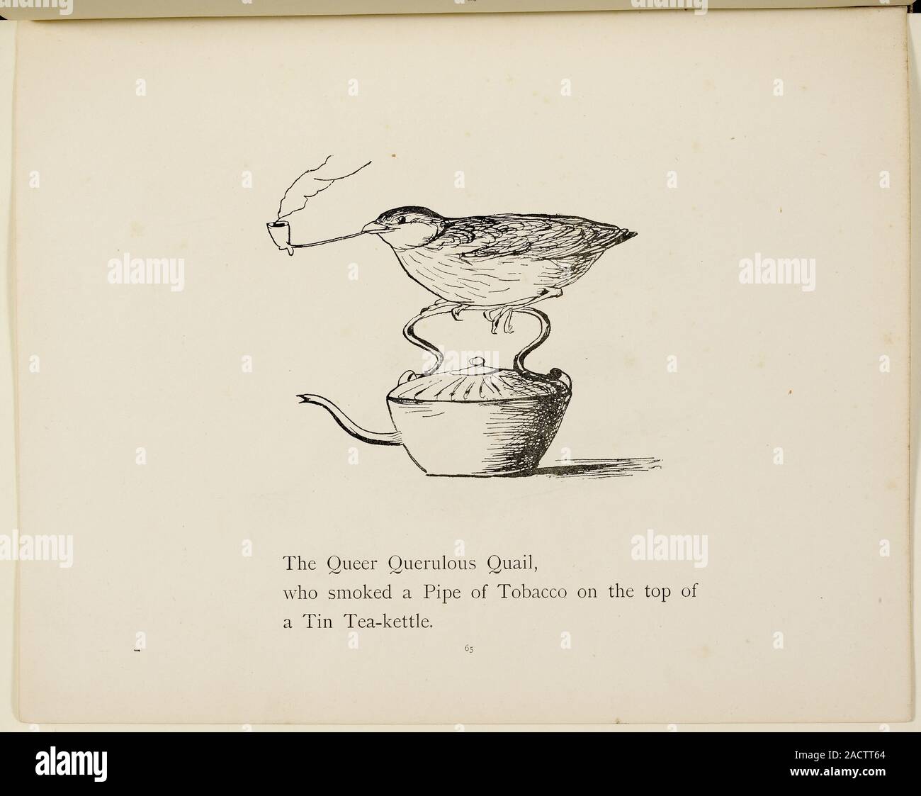 Quail perched on teapot, smoking a pipe From a collection of poems and ...