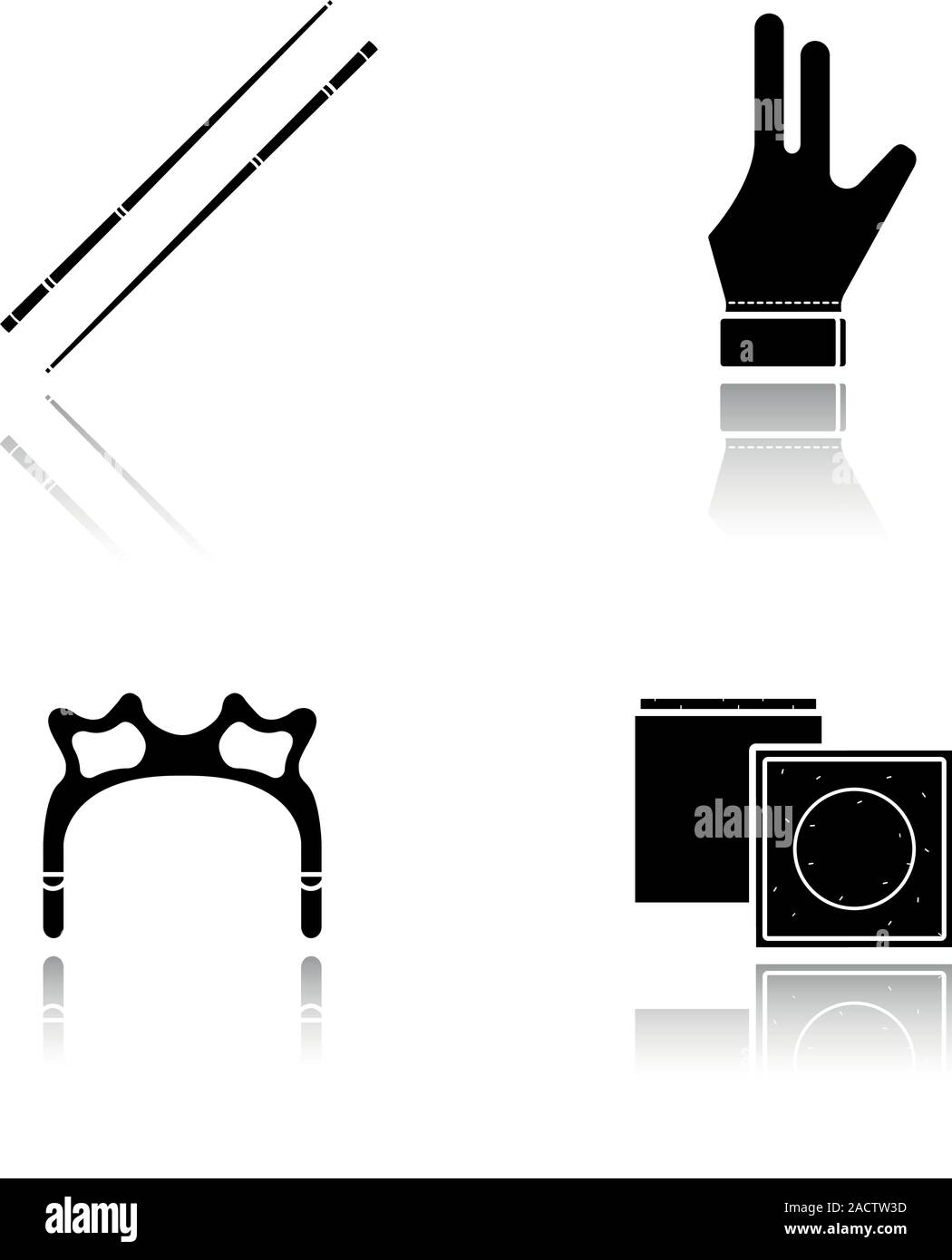 Billiard accessories drop shadow black icons set. Pool equipment. Cues ...