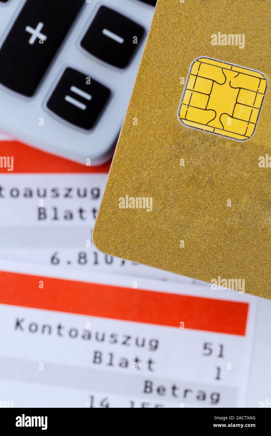 Credit card, bank statement and calculator Stock Photo - Alamy