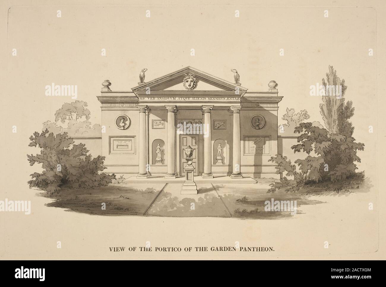 Illustration of Classical-style buildings. View of the Garden pantheon ...