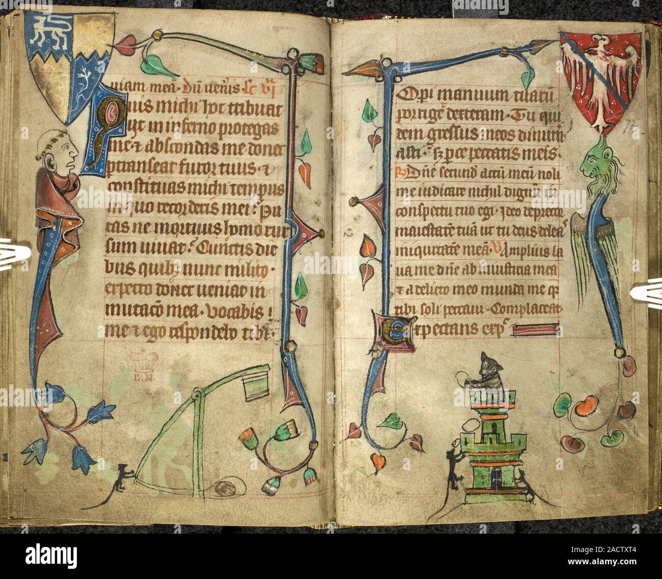 Grotesques on double-page of Book of Hours, Marginal grotesques, arms ...