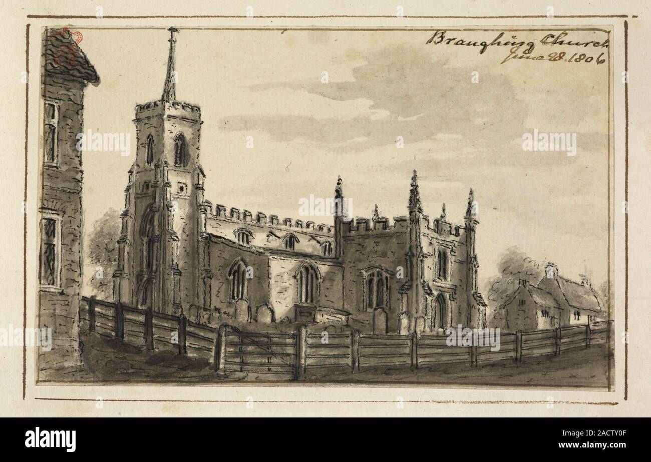 An Illustration. Pen and Ink drawing of Braughing Church on a postcard ...