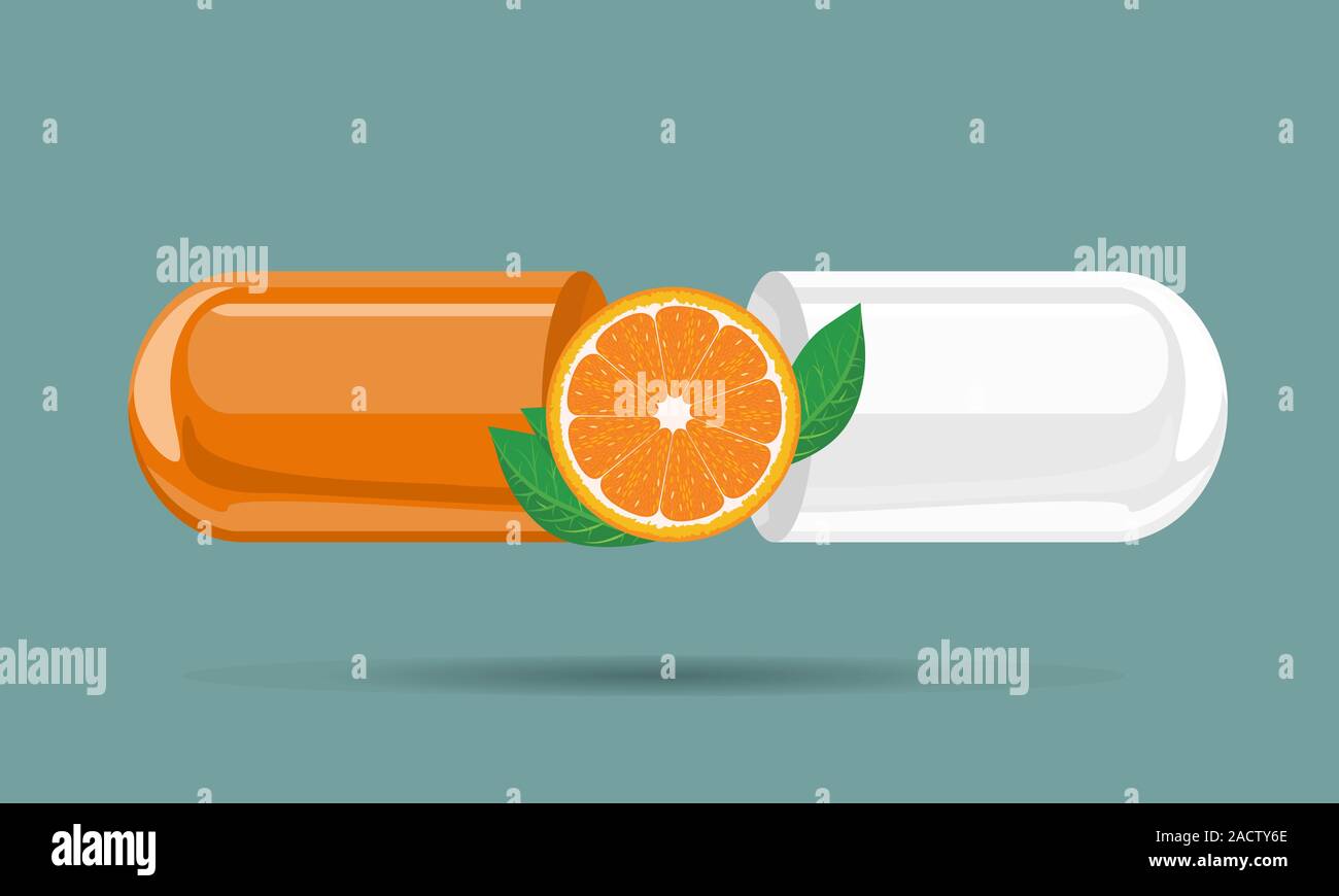 Capsule pill mock up with orange fruit and leaf for hand drawn cartoon ...