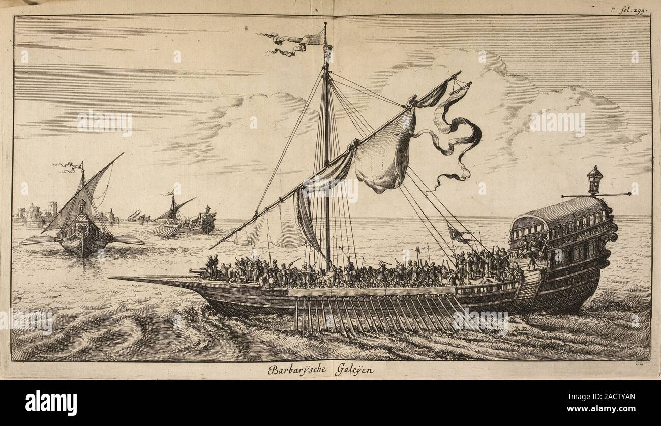 A large ship with a sail and mast, with rows of oarsmen rowing. Sea ...