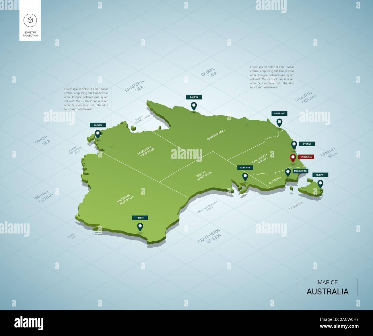 Stylized map of Australia. Isometric 3D green map with cities, borders ...