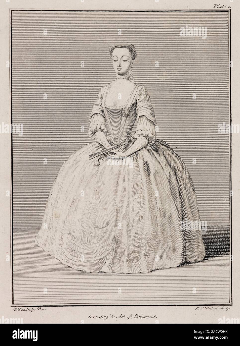 Engraved plate depicting a demure woman wearing a dress, Illustrated by ...