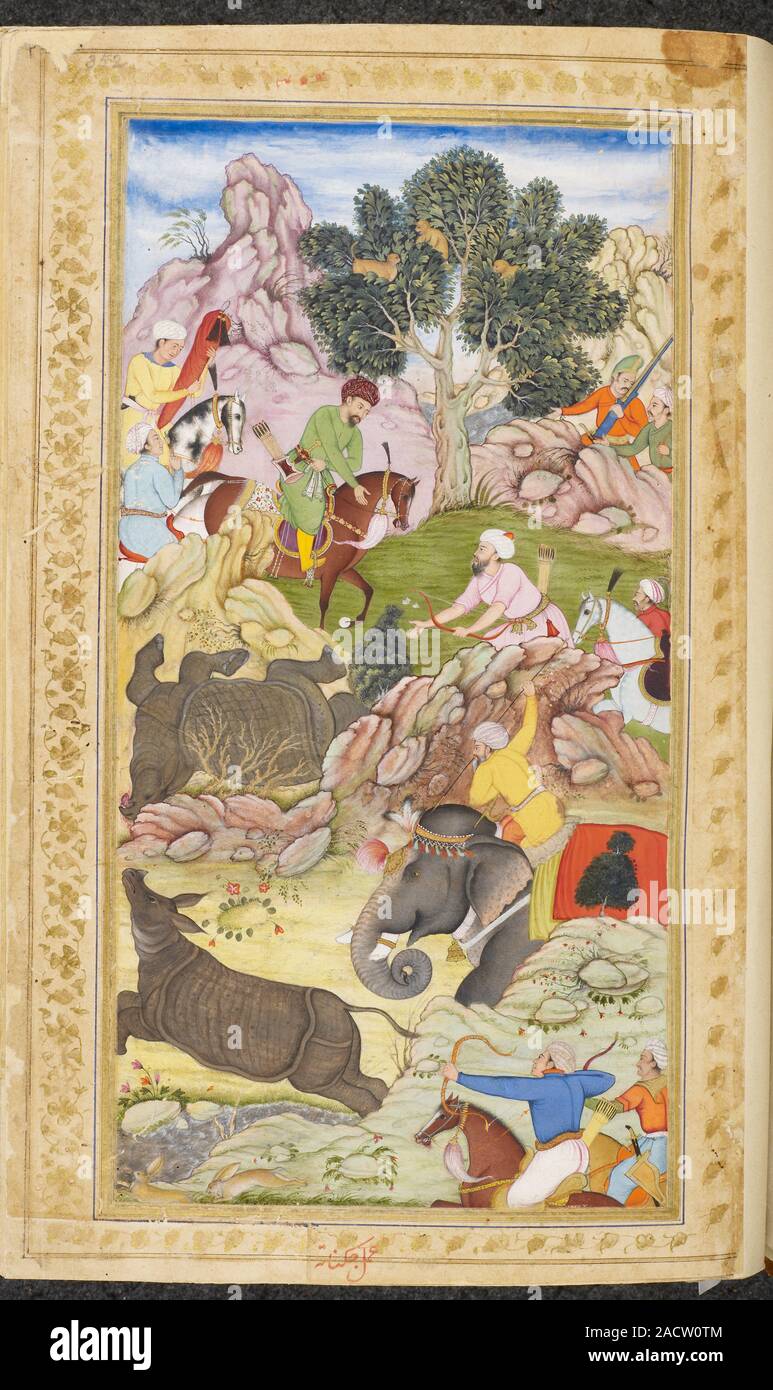 Babur and his retinue during the rhinoceros hunt (1525) (Jagannath ...