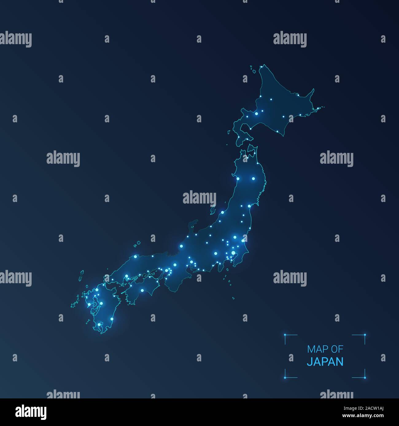 Japan map with cities. Luminous dots - neon lights on dark background ...