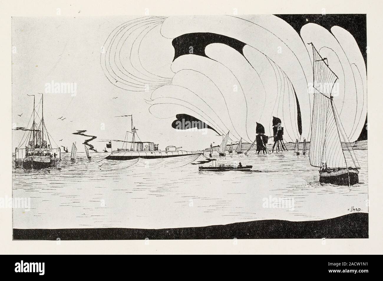 Battle between HMS Thunder Child and the tripods. Illustration for 'The ...