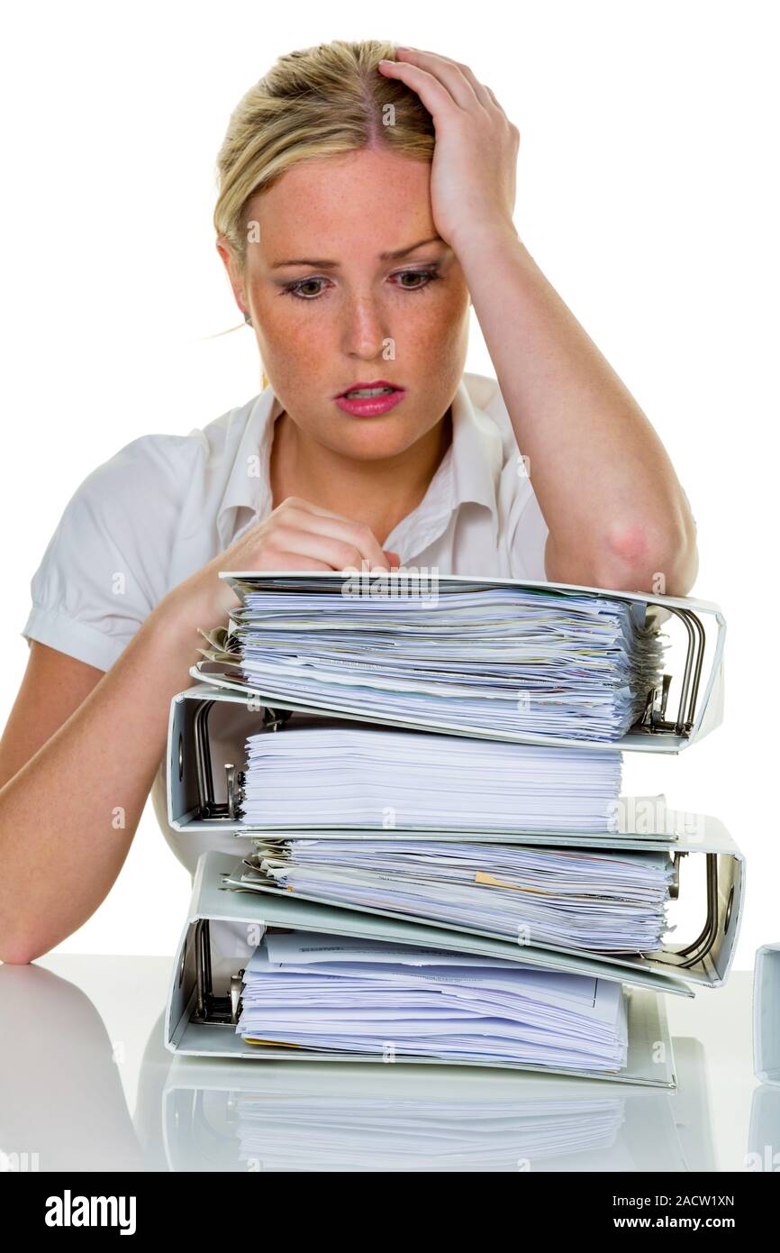 Woman in office with burnout Stock Photo - Alamy