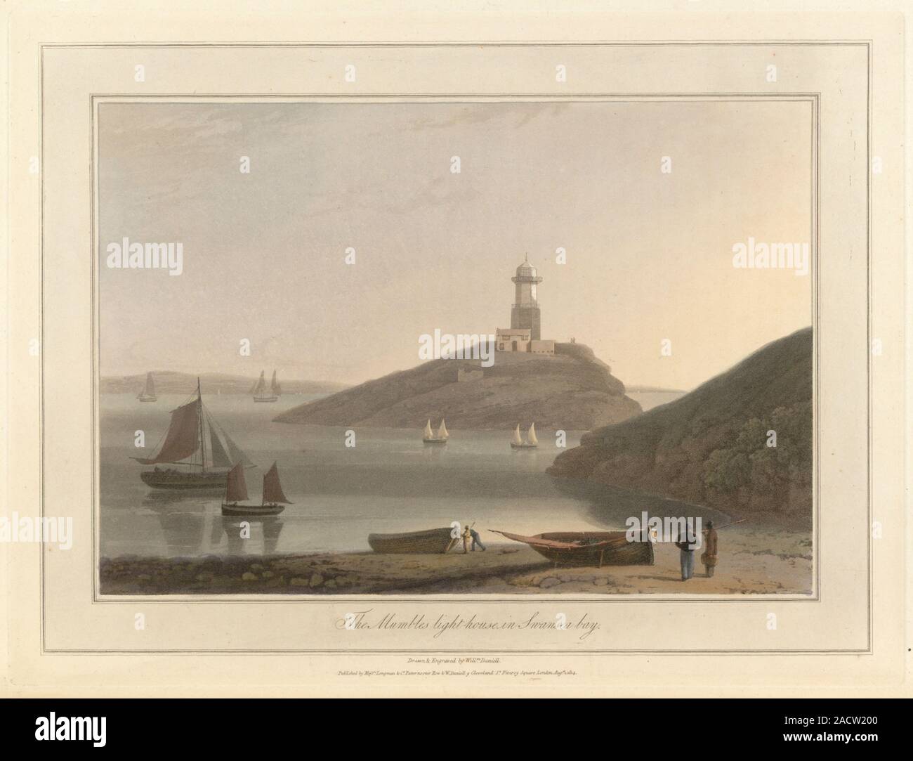 The Mumbles Lighthouse in Swansea bay. The coastline and landscape of ...