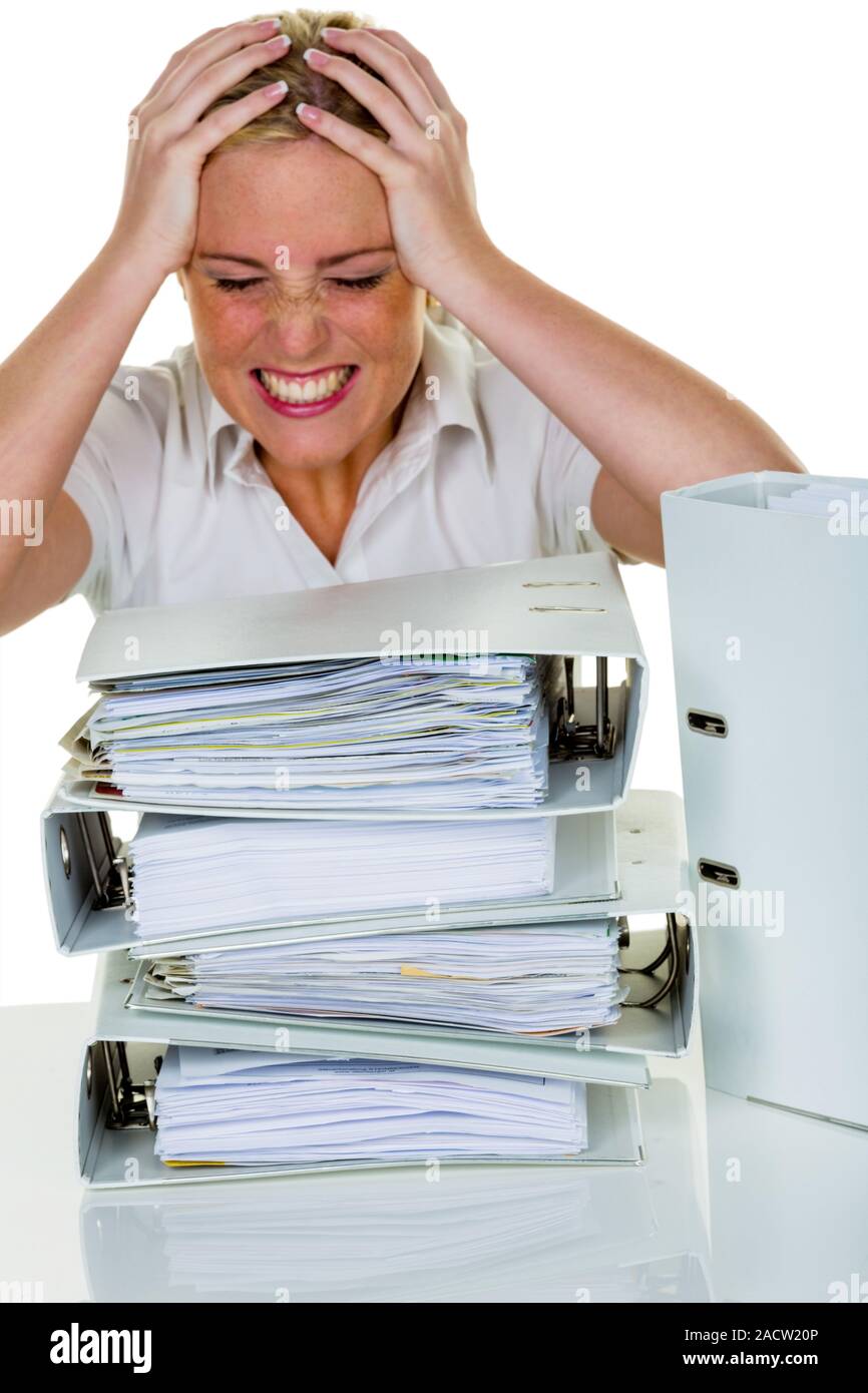 Woman in office with burnout Stock Photo - Alamy