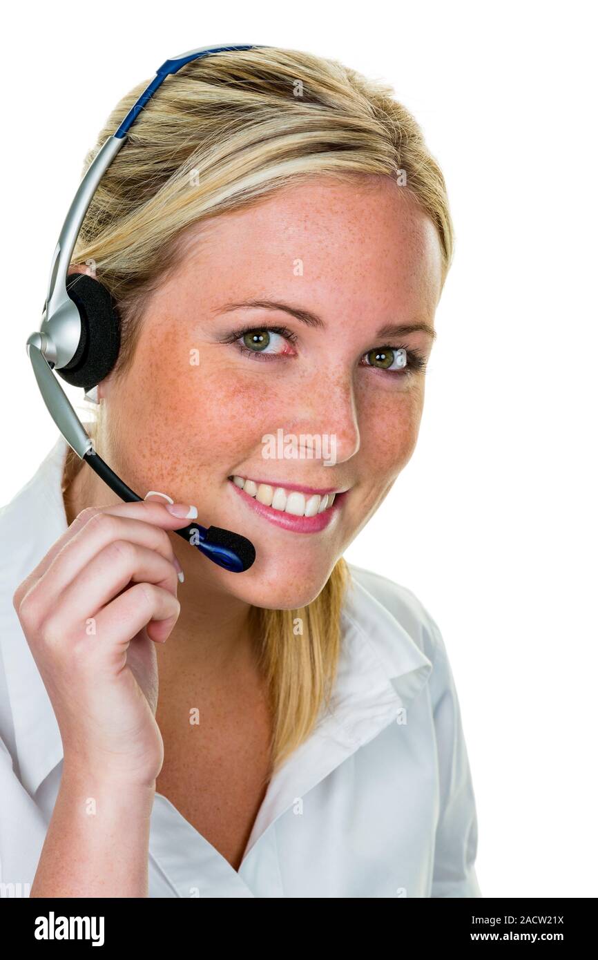 Woman with headset in customer service Stock Photo - Alamy