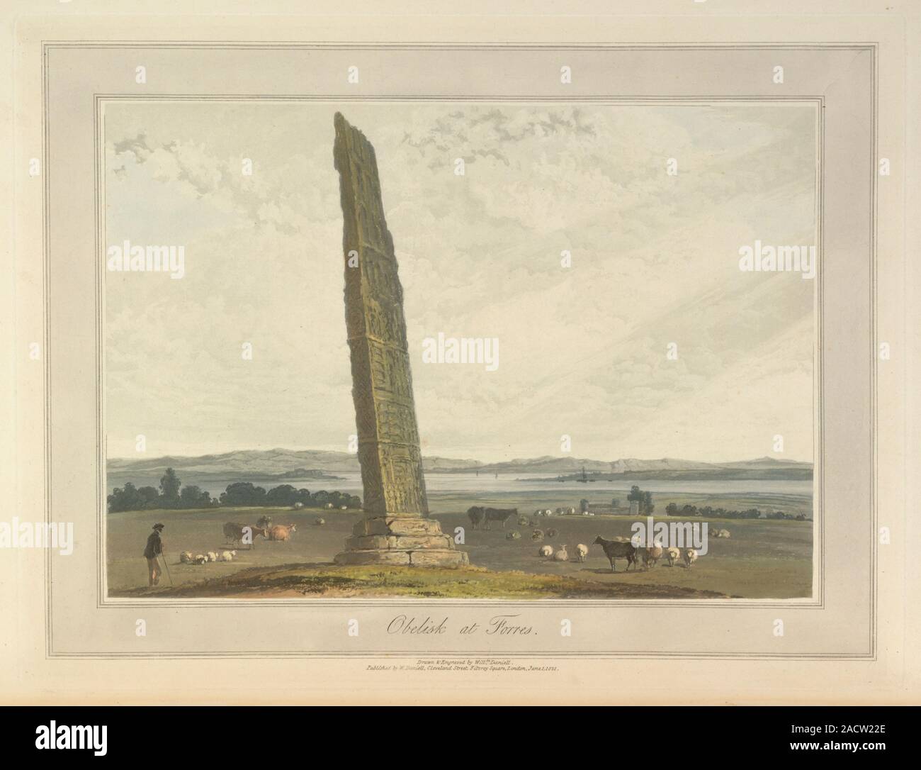 A huge standing stone or obelisk at Forres. The coastline and landscape ...