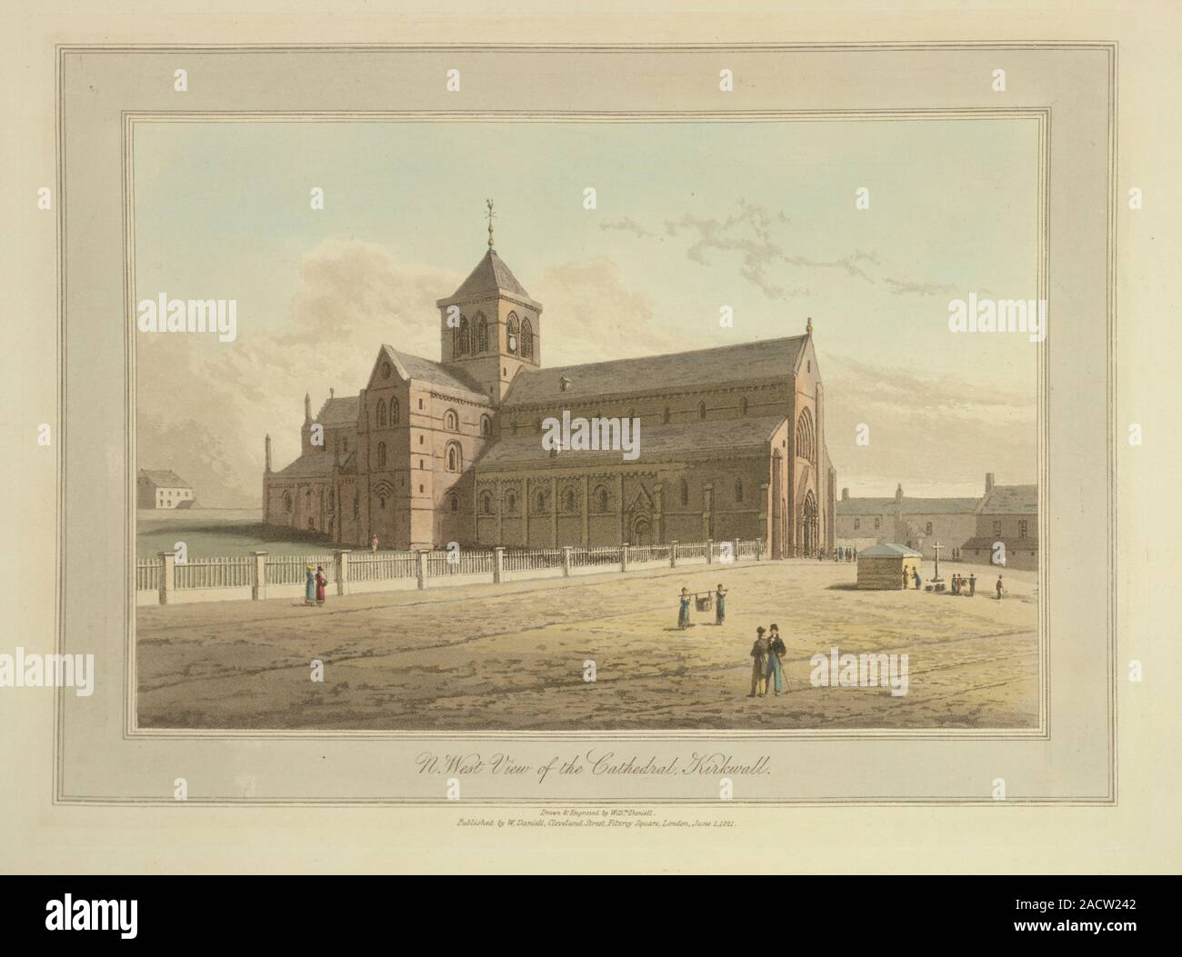 The north west view of the Cathedral at Kirkwall. The coastline and ...
