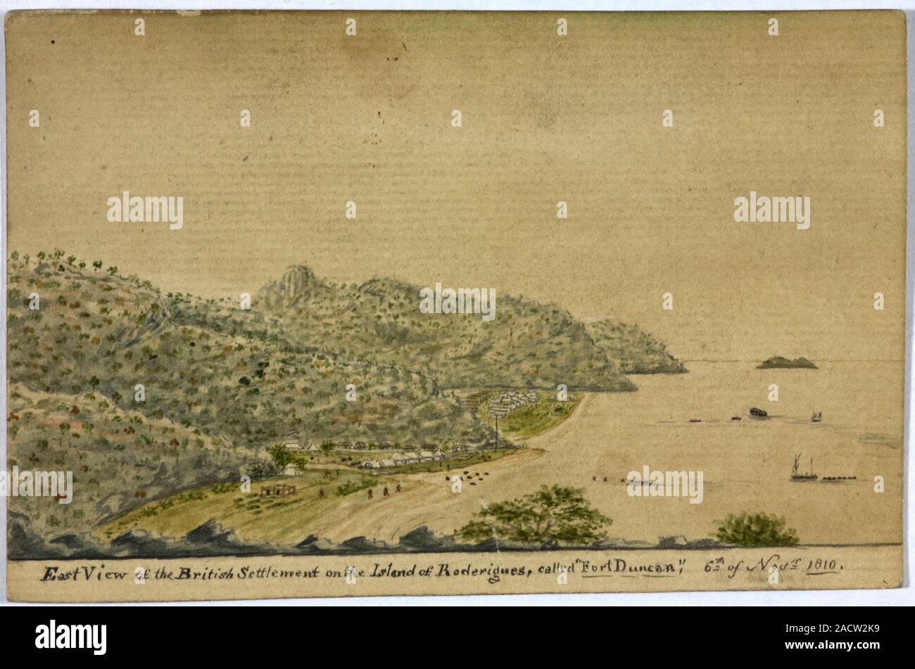 West view of the British settlement on the Island of Roerigues, called ...