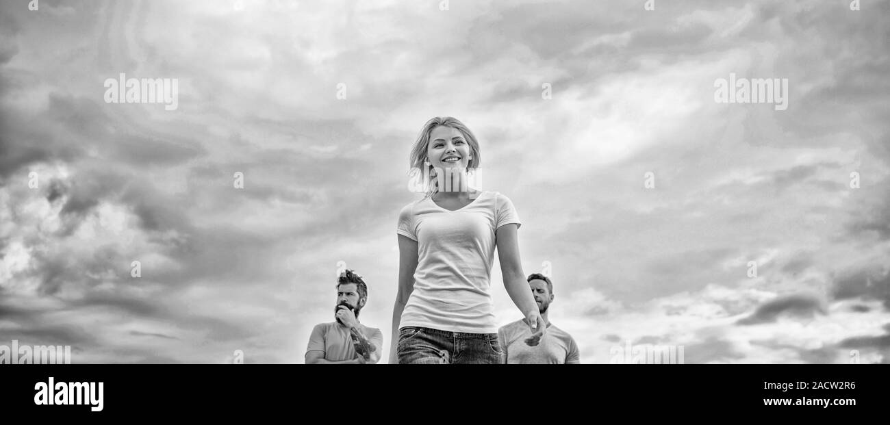 Woman in front of men feel confident. Moving forward support male team ...