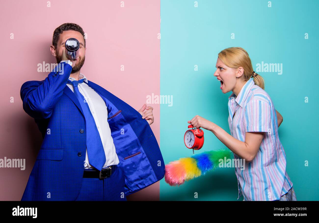 Arguing. Family conflict. Housewife and businessman. Career and ...